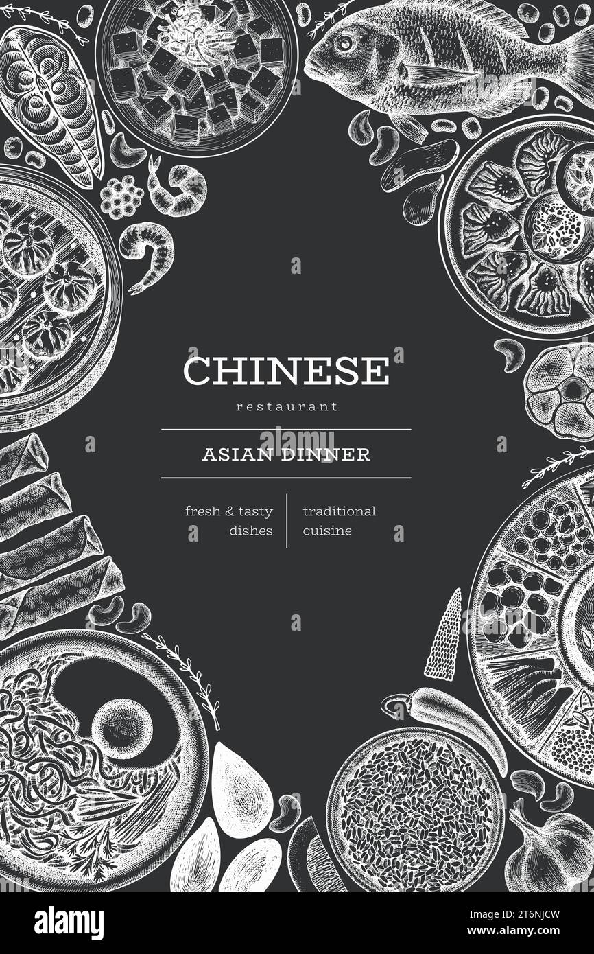 Chinese Cuisine Chalk Board Design Template. Vector Hand Drawn Asian ...