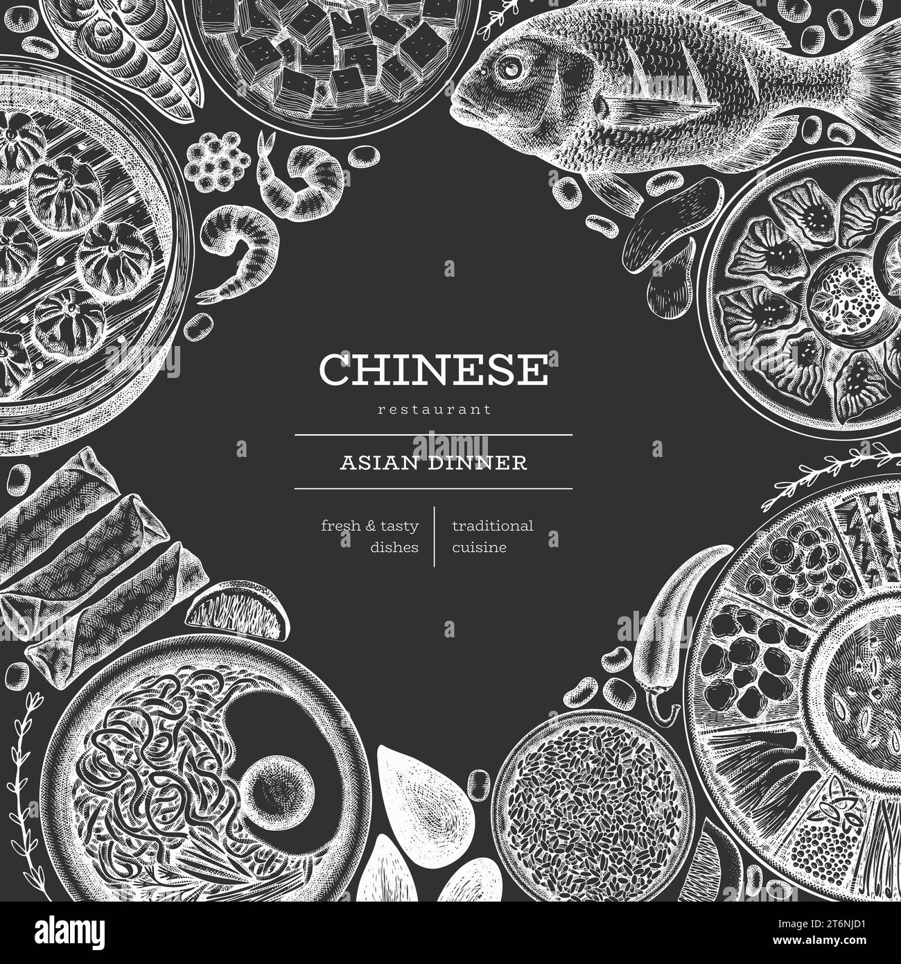 Chinese Cuisine Chalk Board Design Template. Vector Hand Drawn Asian ...