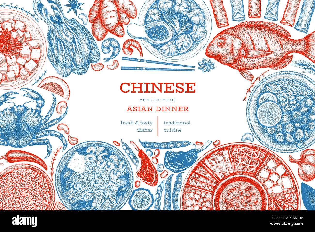 Chinese Cuisine Design Template. Vector Hand Drawn Asian Food Banner ...