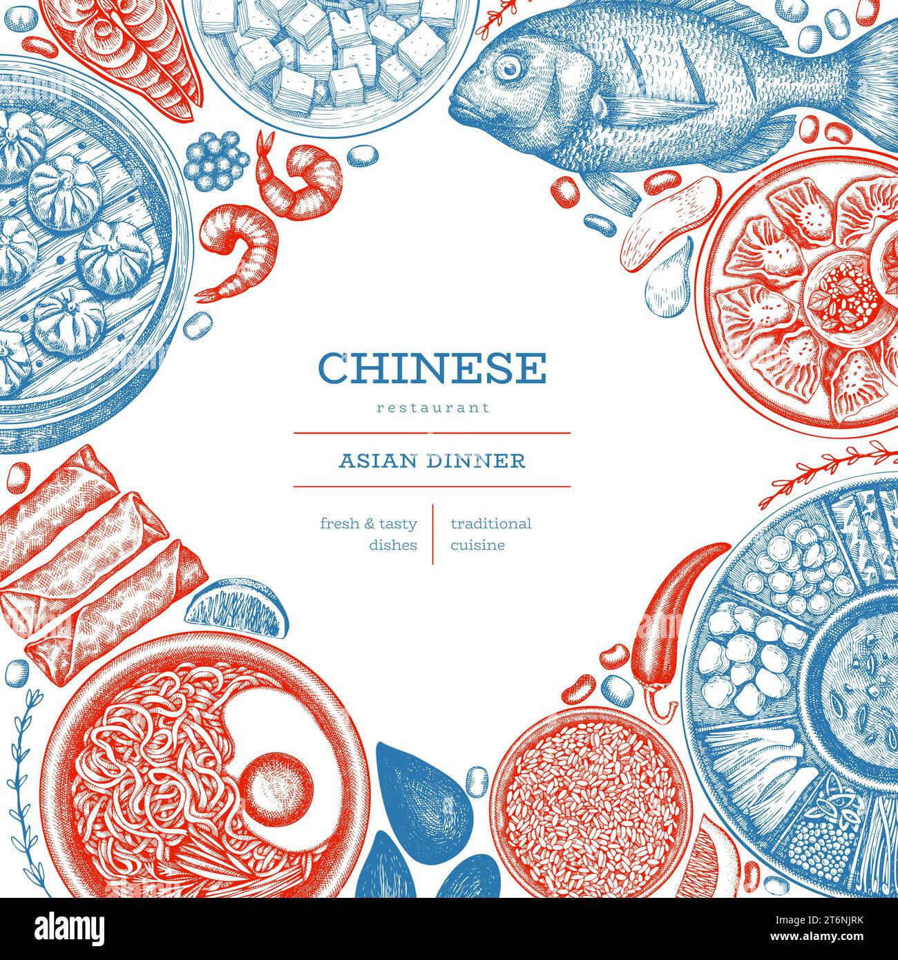 Chinese Cuisine Design Template. Vector Hand Drawn Asian Food Banner ...