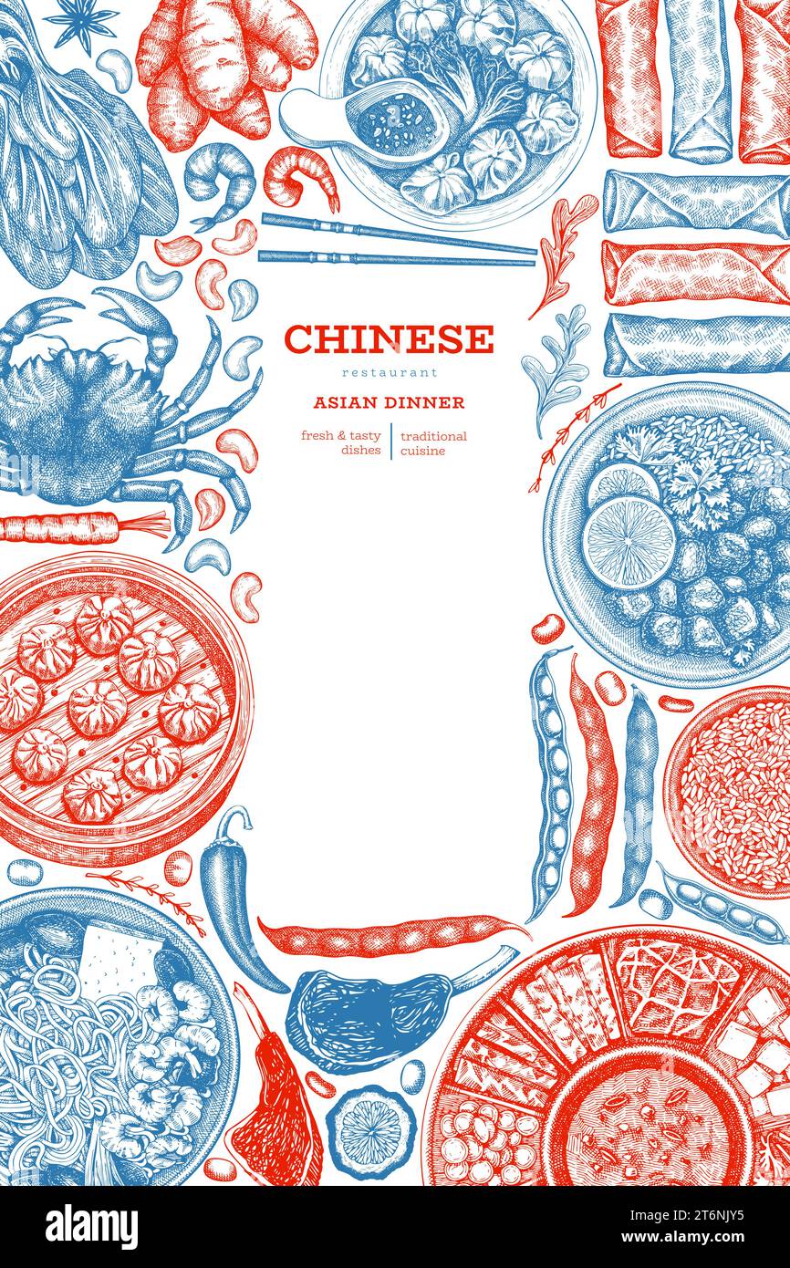 Chinese Cuisine Design Template. Vector Hand Drawn Asian Food Banner ...