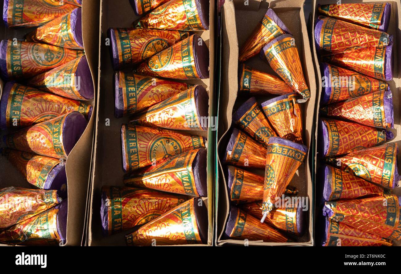 Ladi (Flowerpot) firecrackers displays for sell in a street market, on ...