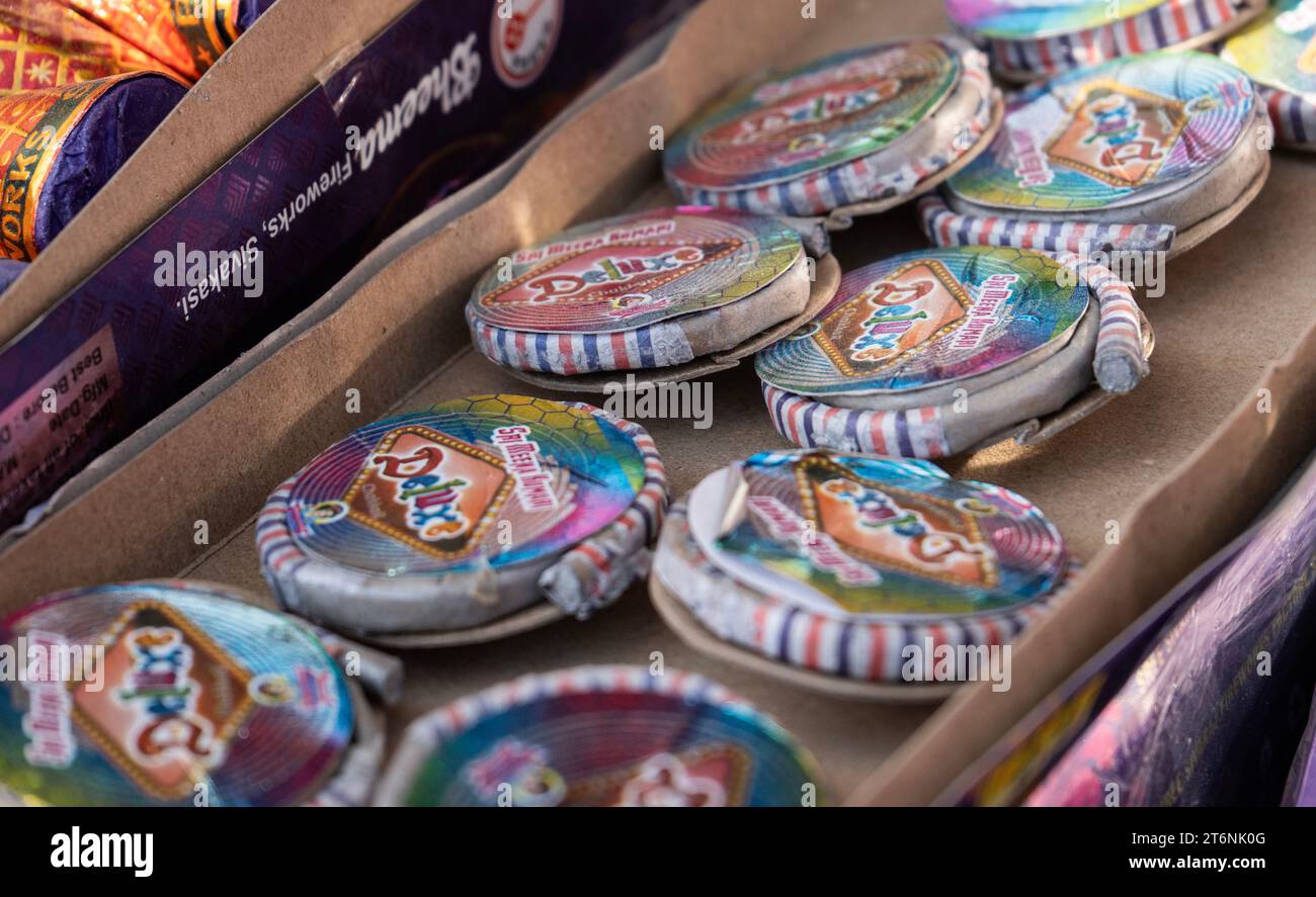 Chakri (Spinner) firecrackers displays for sell in a street market, on ...