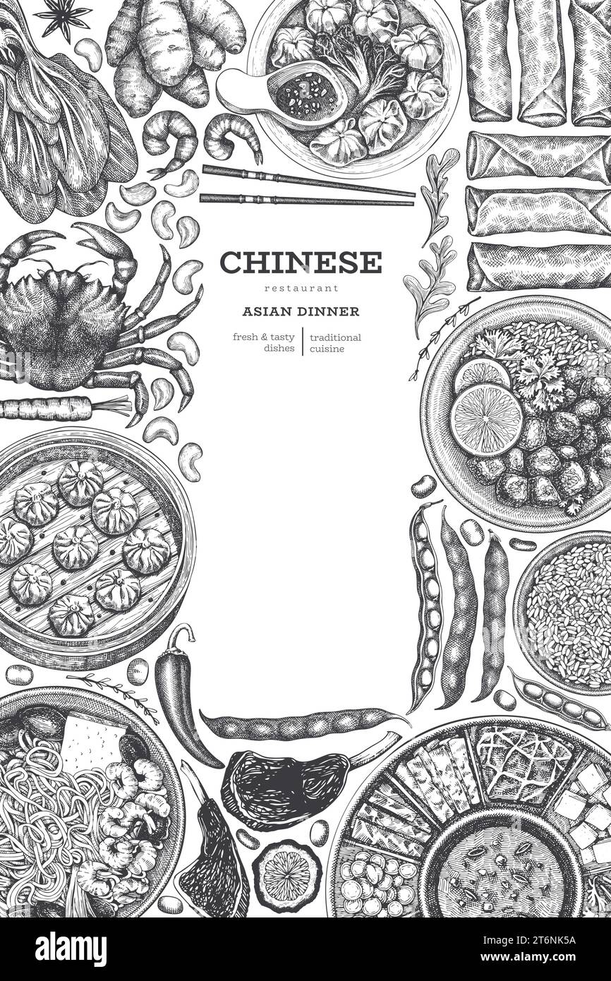 Chinese Cuisine Design Template. Vector Hand Drawn Asian Food Banner ...