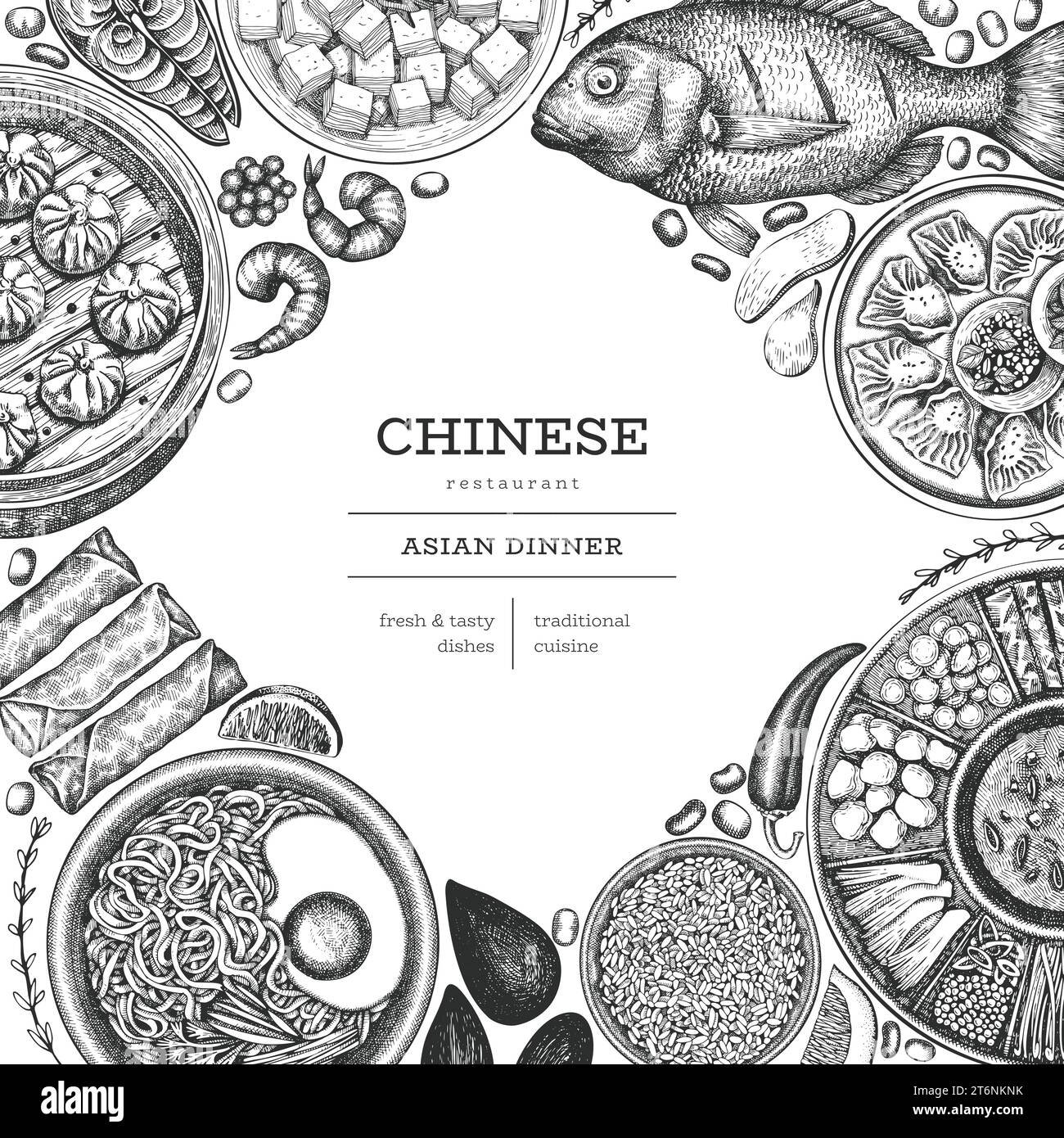 Chinese Cuisine Design Template. Vector Hand Drawn Asian Food Banner ...