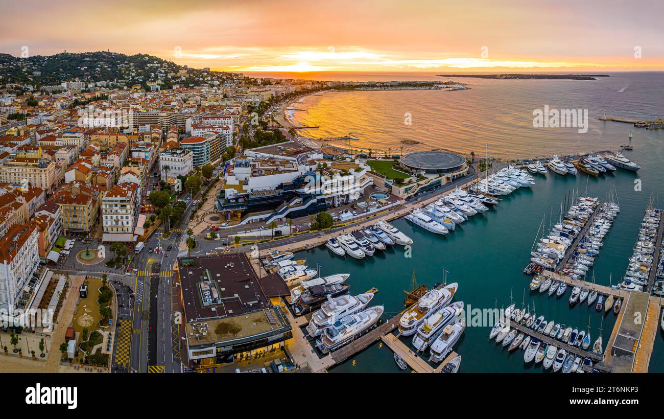 Aerial view of Cannes, a resort town on the French Riviera, is famed ...