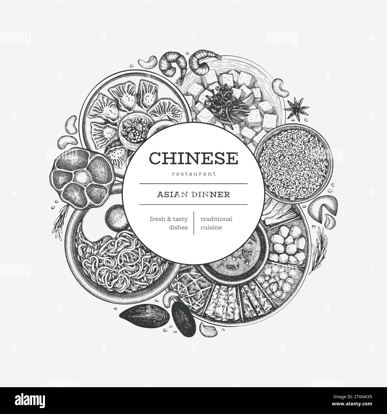 Chinese Cuisine Design Template. Vector Hand Drawn Asian Food Banner ...