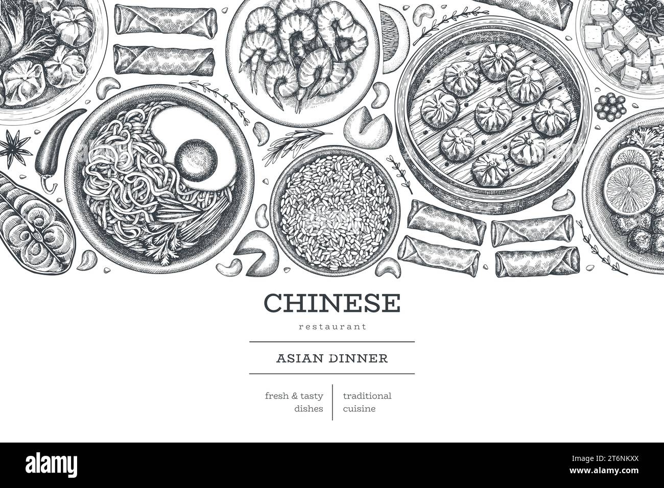 Chinese Cuisine Design Template. Vector Hand Drawn Asian Food Banner ...