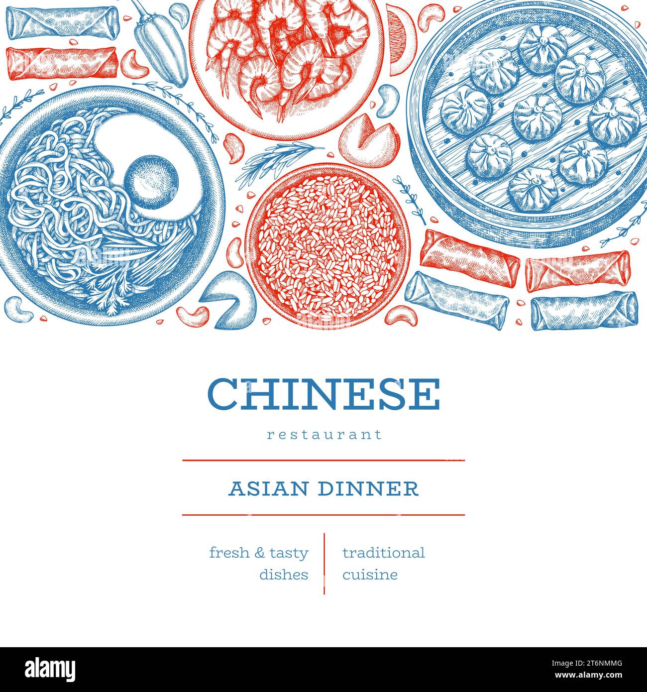 Chinese Cuisine Design Template. Vector Hand Drawn Asian Food Banner ...