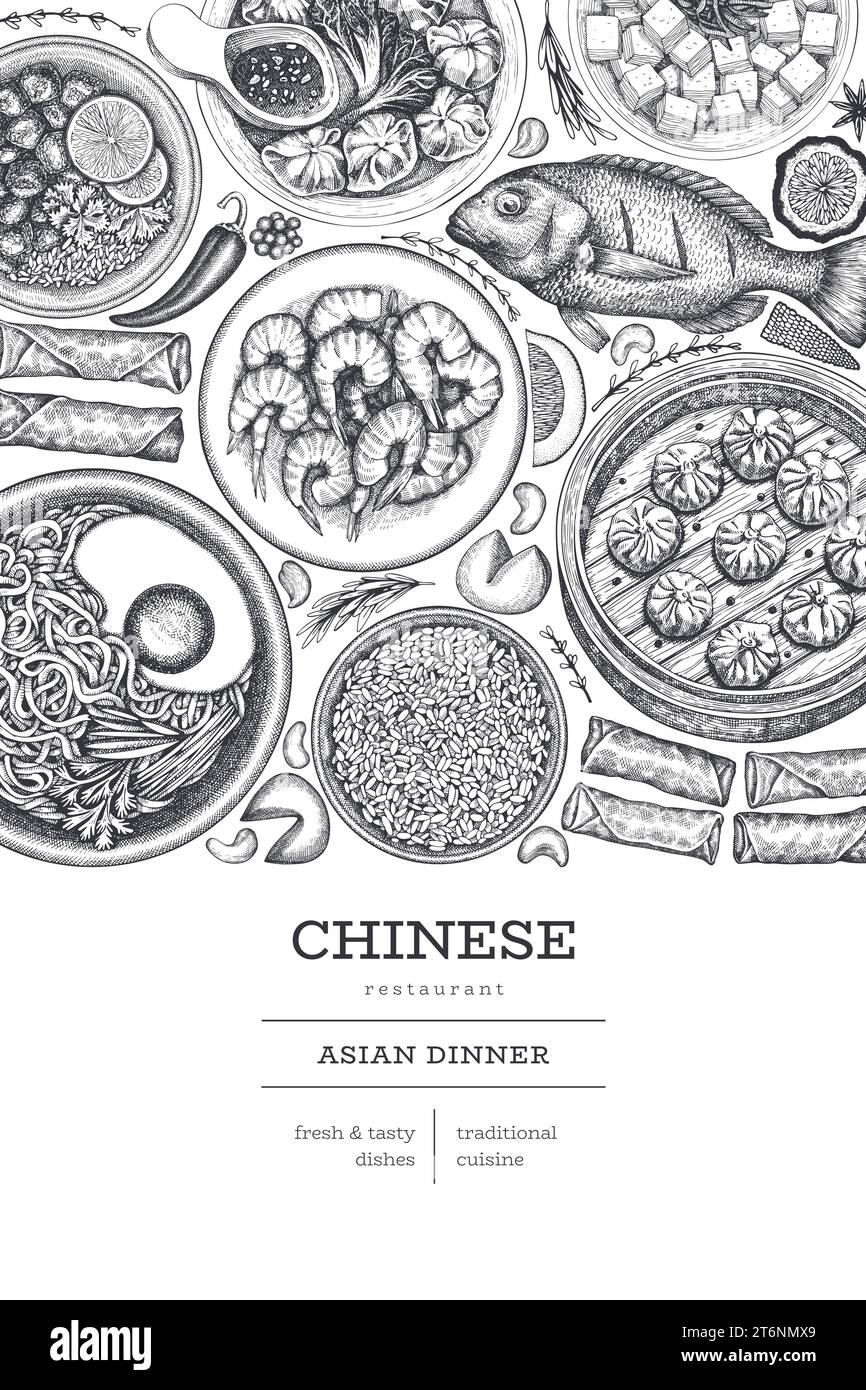 Chinese Cuisine Design Template. Vector Hand Drawn Asian Food Banner ...