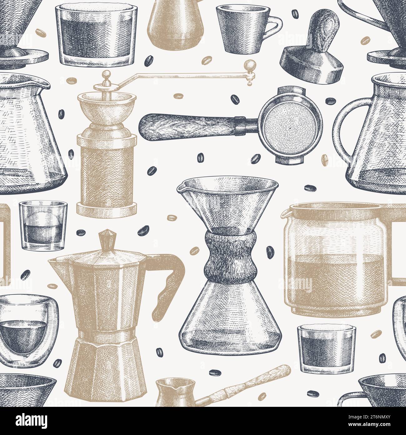 Alternative Coffee Makers Seamless Pattern. Vector Hand Drawn Specialty Coffee Equipment ...