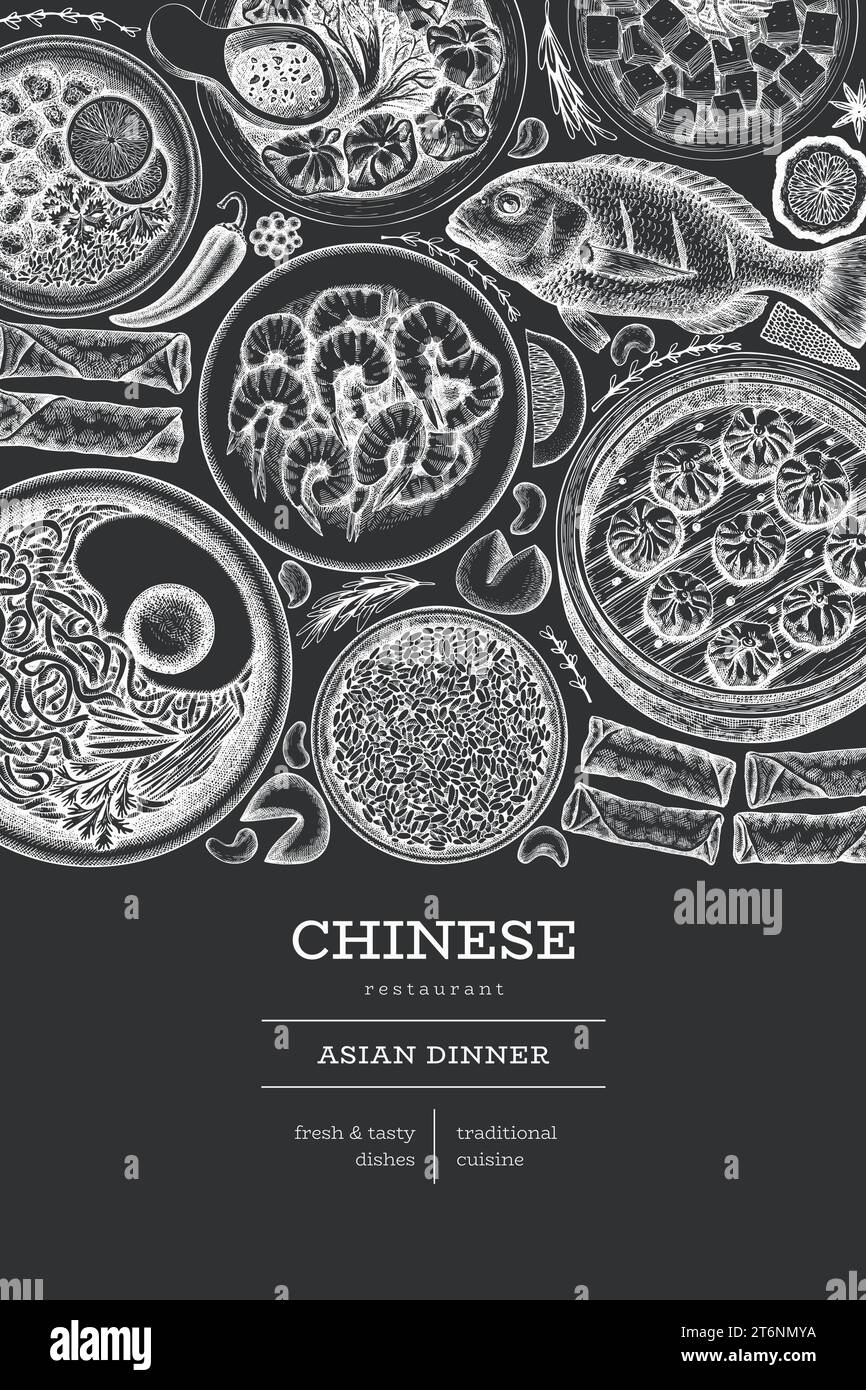 Chinese Cuisine Chalk Board Design Template. Vector Hand Drawn Asian ...