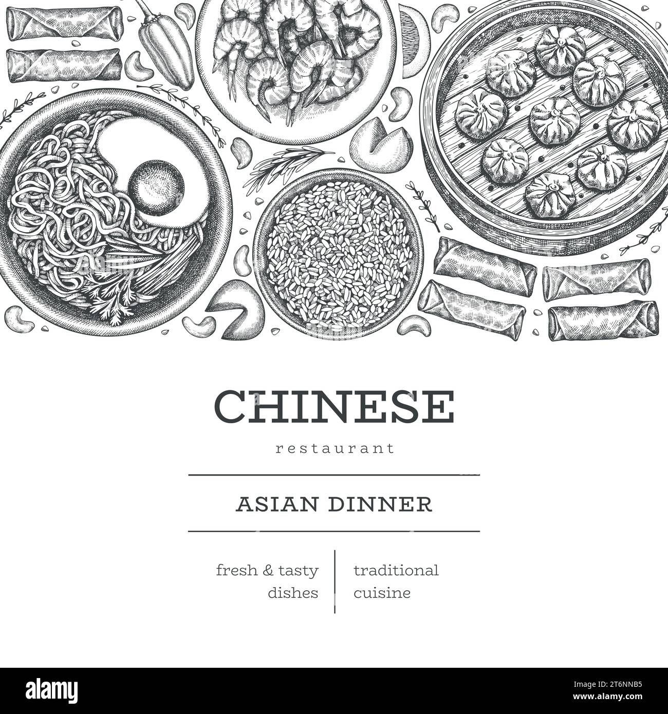 Chinese Cuisine Design Template. Vector Hand Drawn Asian Food Banner ...