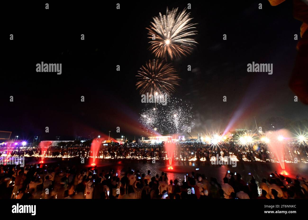 AYODHYA, INDIA – NOVEMBER 11: Grand fireworks organised on the Saryu ...