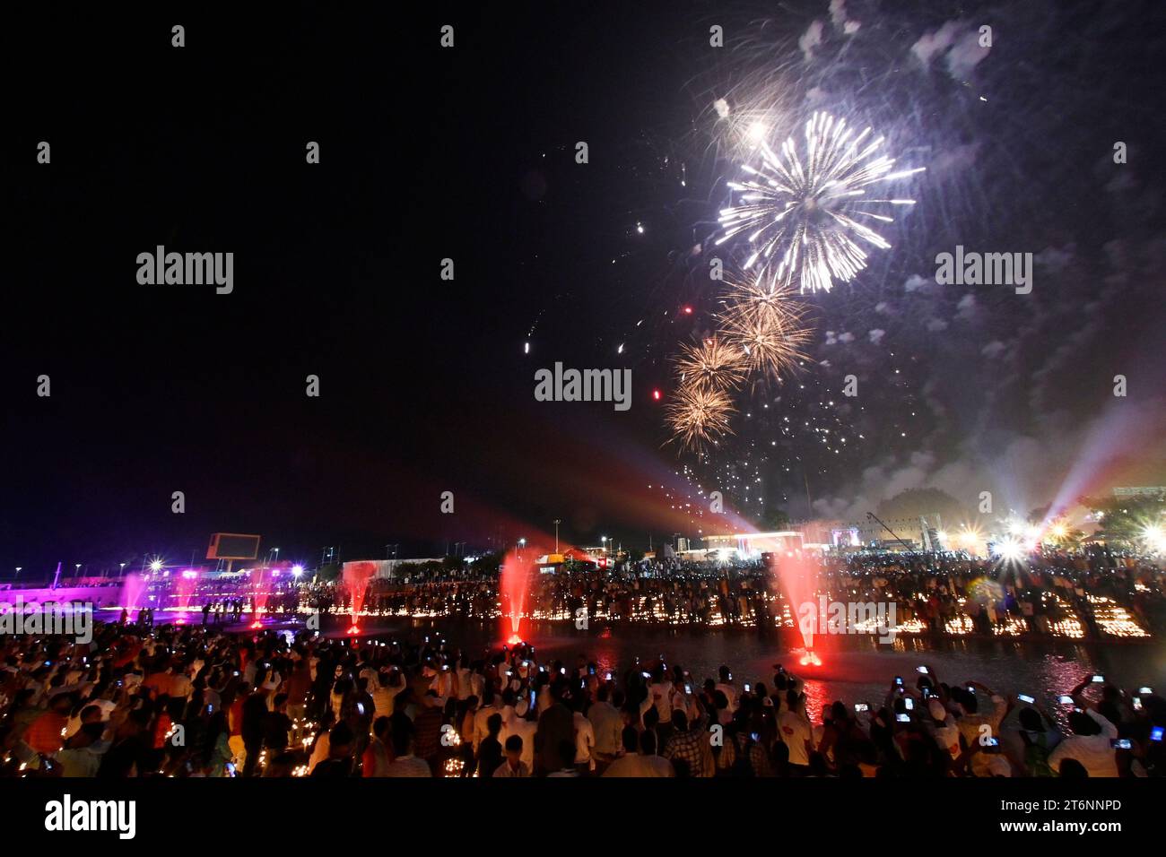 AYODHYA, INDIA – NOVEMBER 11: Grand fireworks organised on the Saryu ...