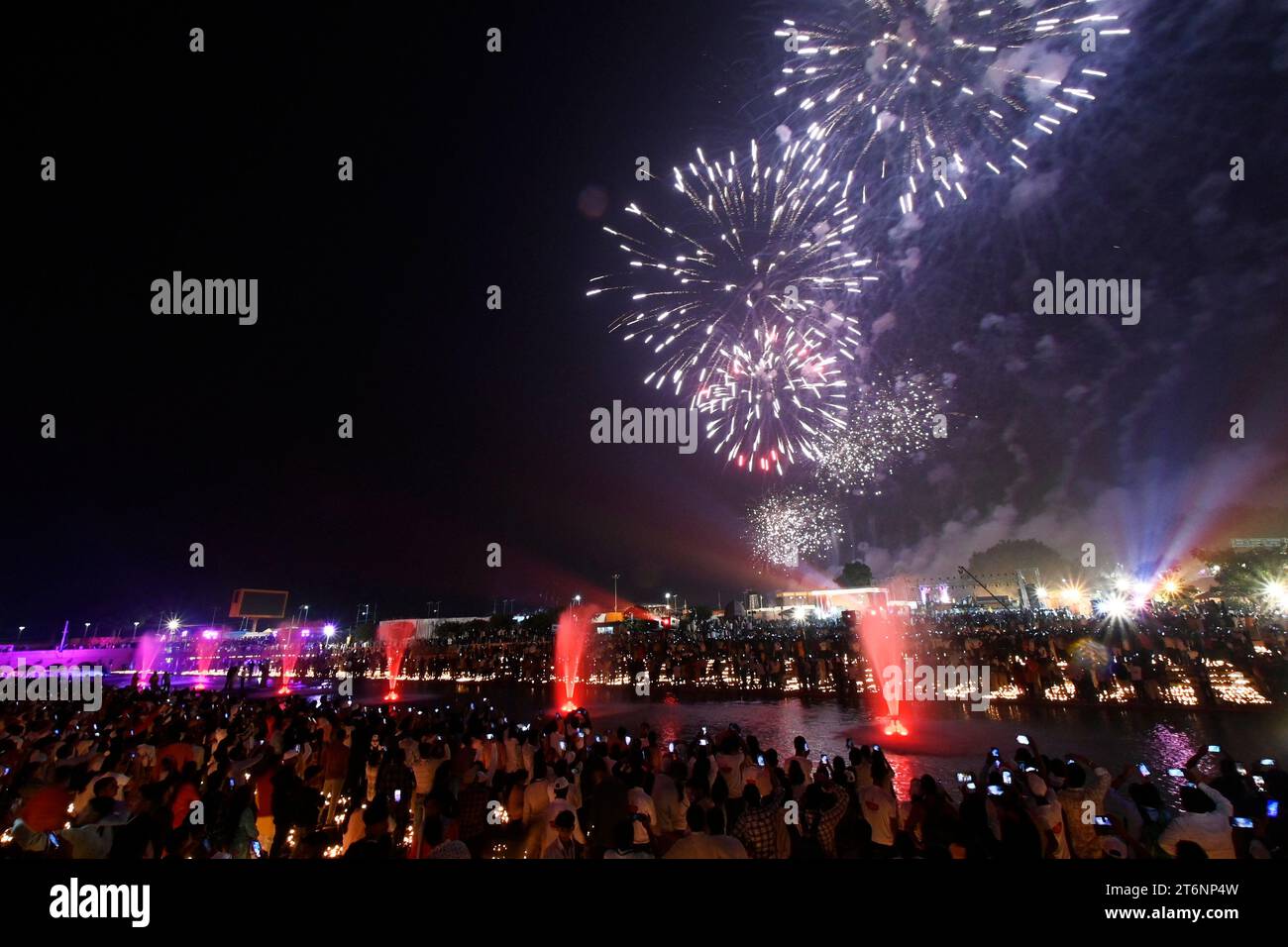 AYODHYA, INDIA – NOVEMBER 11: Grand fireworks organised on the Saryu ...