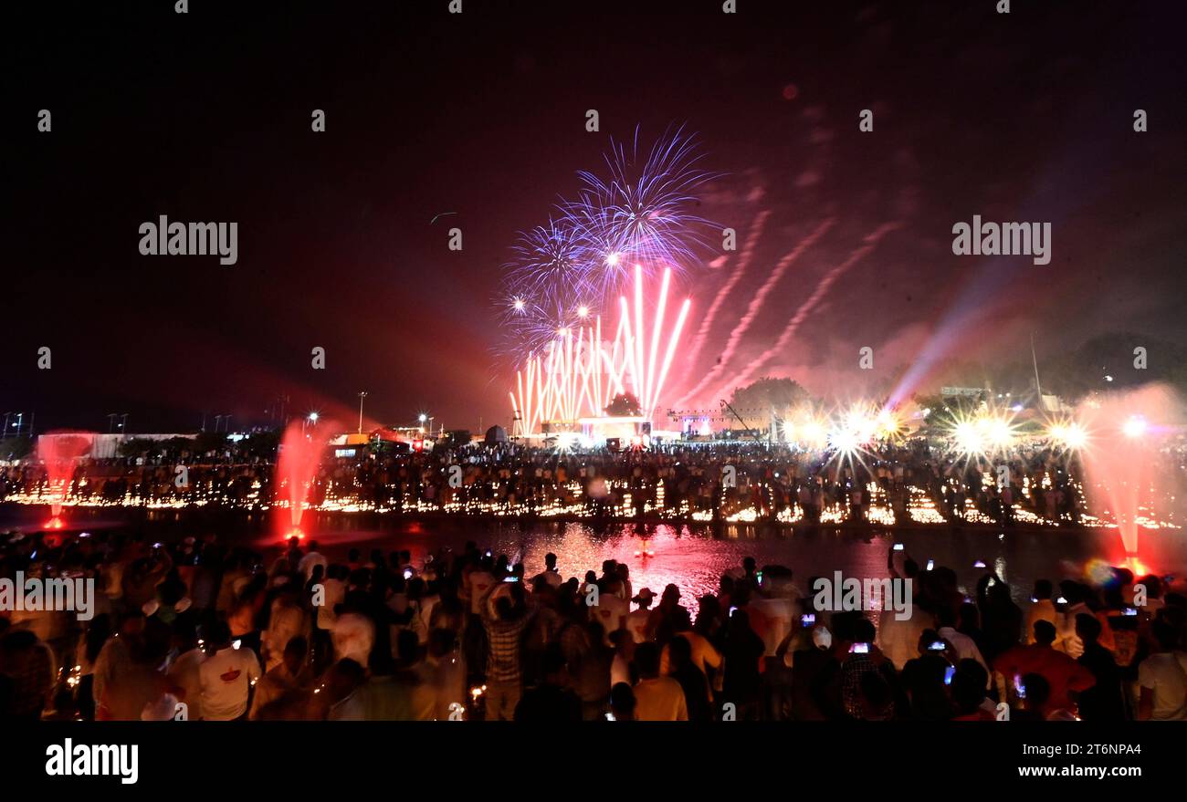 AYODHYA, INDIA – NOVEMBER 11: Grand fireworks organised on the Saryu ...