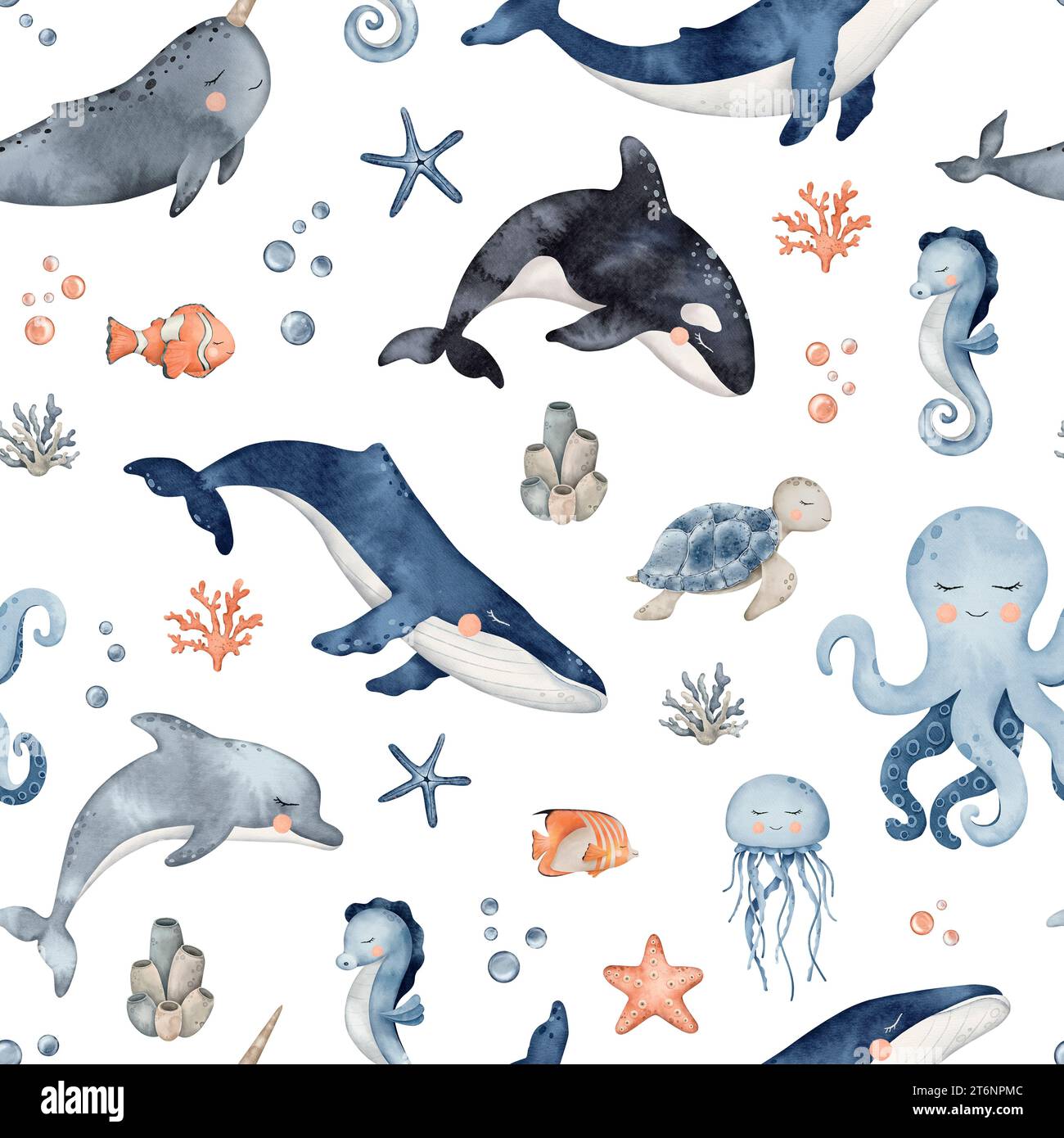 Underwater Animals seamless pattern. Cute undersea endless line with ...