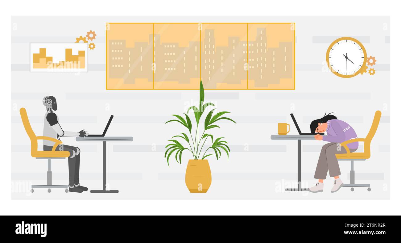 Smart AI Robot works on laptop, tired woman sitting on chair with head on table. Work problem ...