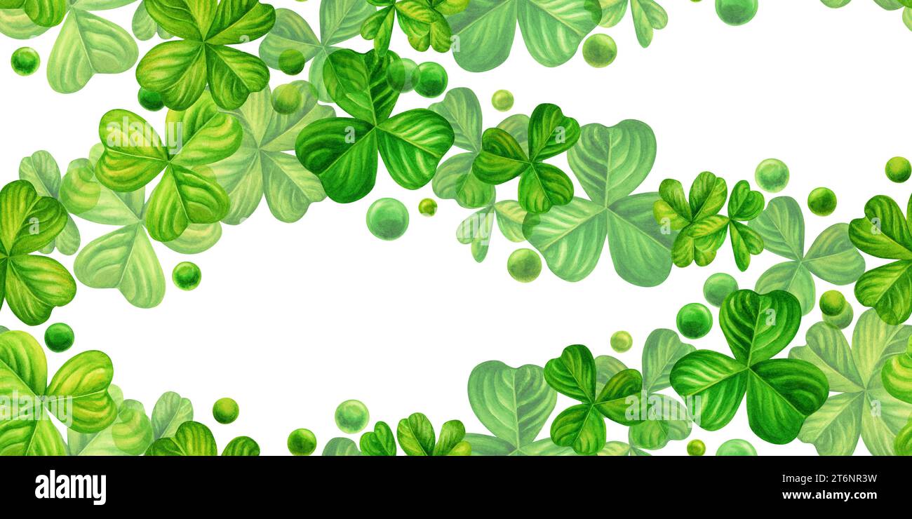 Watercolor green shamrock seamless banner for background design illustrations of spring, St ...