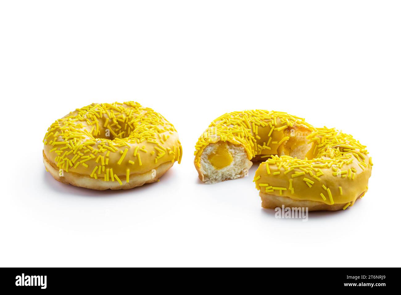 Yellow glazed doughnuts in gray tray isolated on white Stock Photo - Alamy