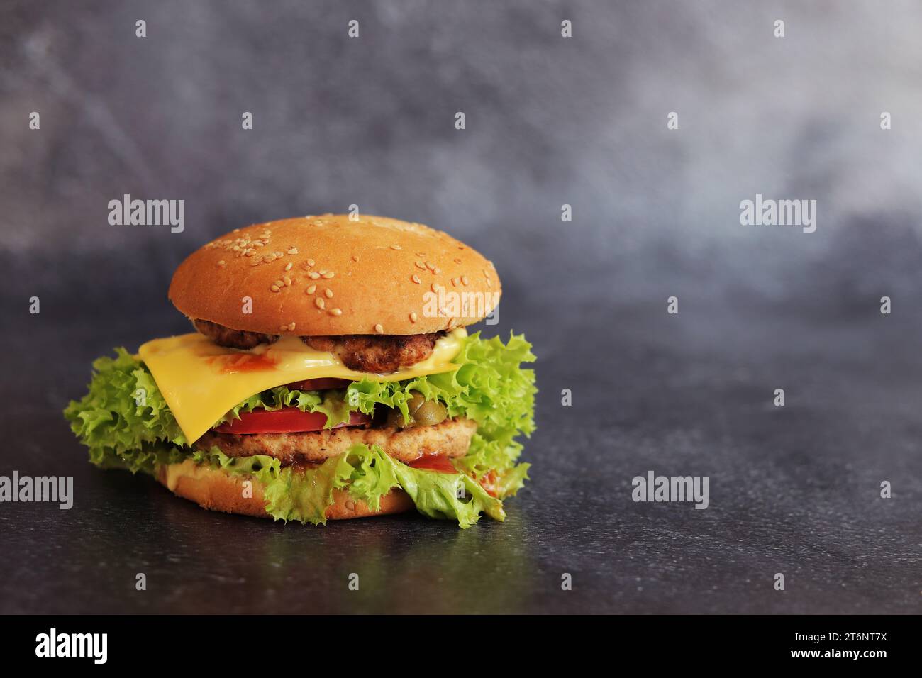 Double cheeseburger on a gray background. Juicy tasty burger close-up ...