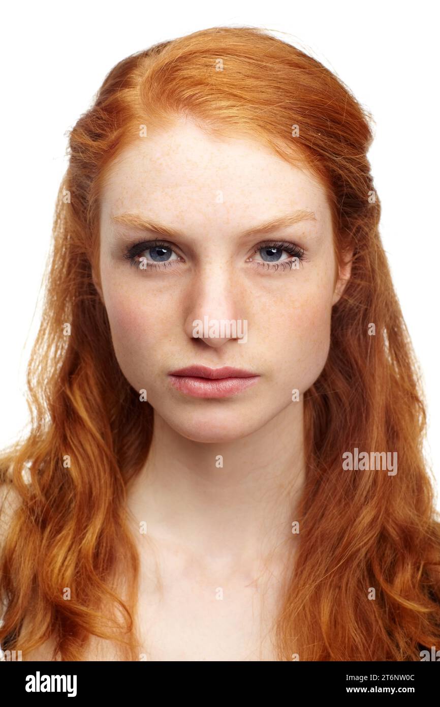 Serious, girl and woman with portrait, redhead and beauty isolated on a ...