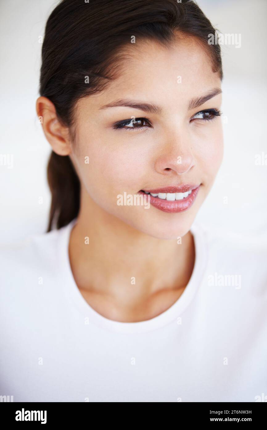 Thinking, beauty and face of woman on a white background with cosmetics ...