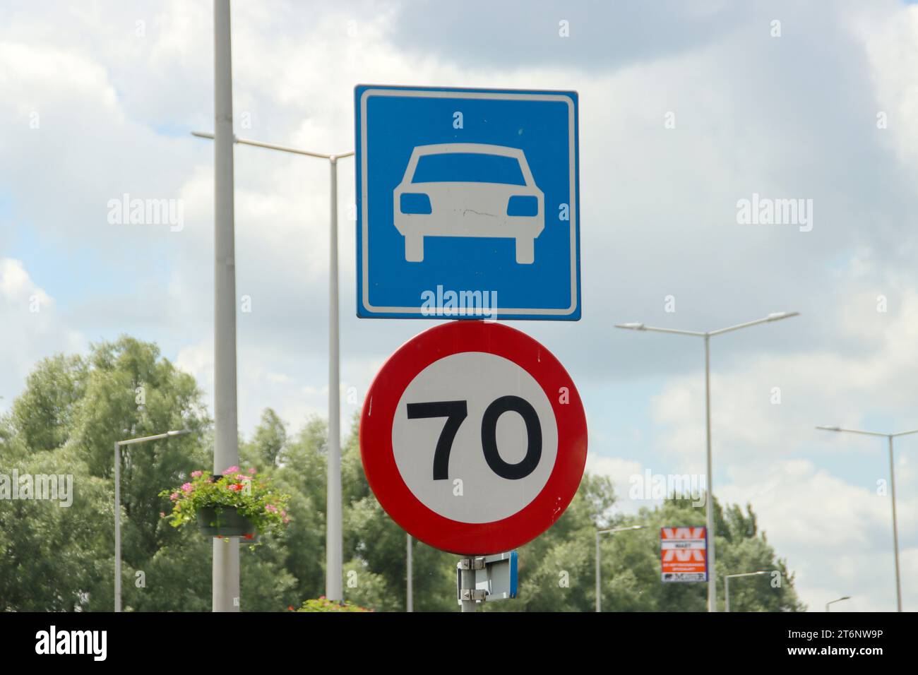 Blue sign motorway and speed limit 70 kilometers in the Netherlands ...