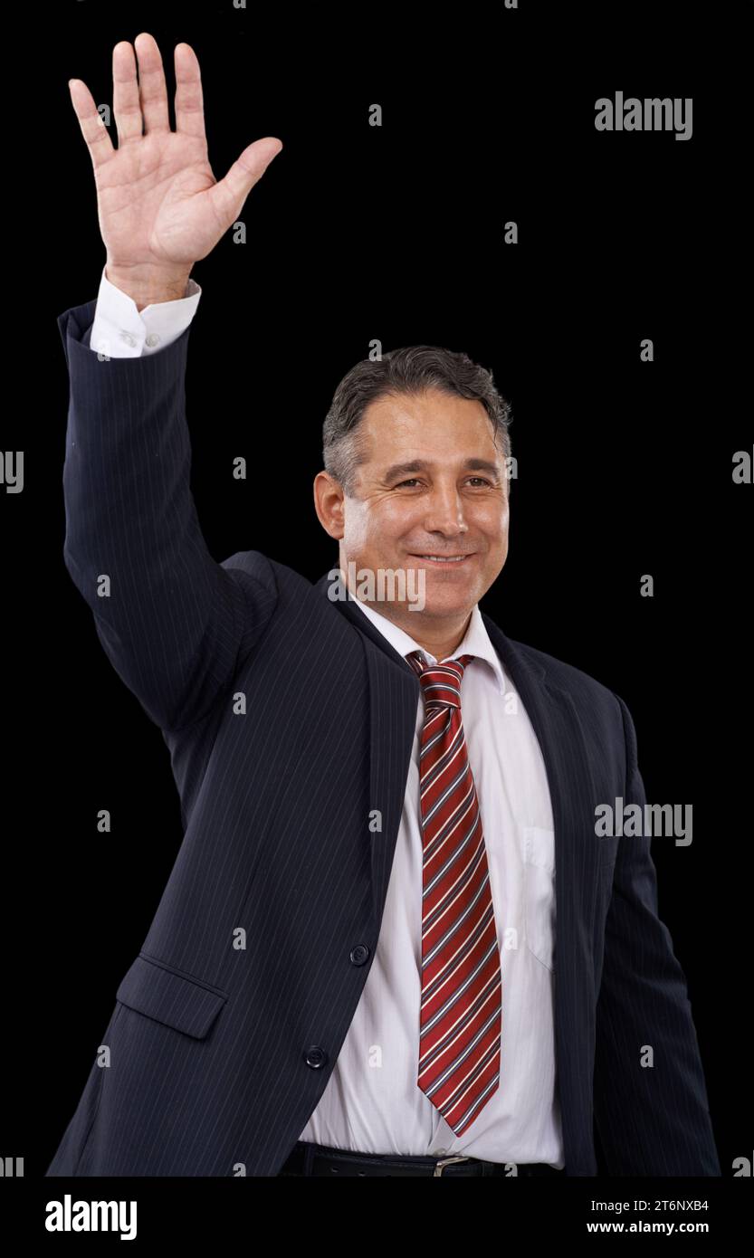 Government, politician and man on black background with hand for wave ...