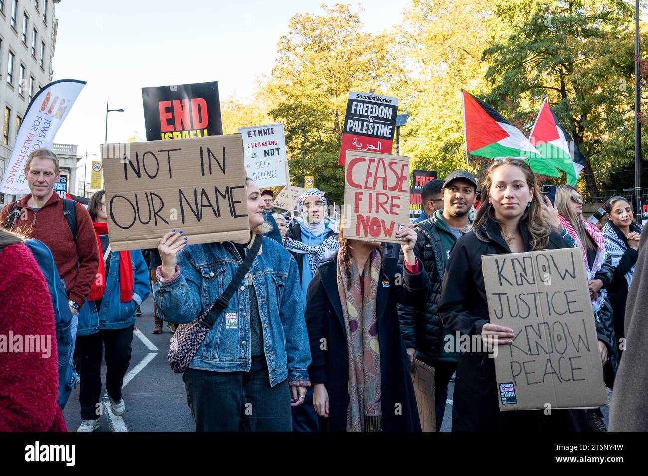Protestors with placards "Not in our name" and Ceasefire now". London ...