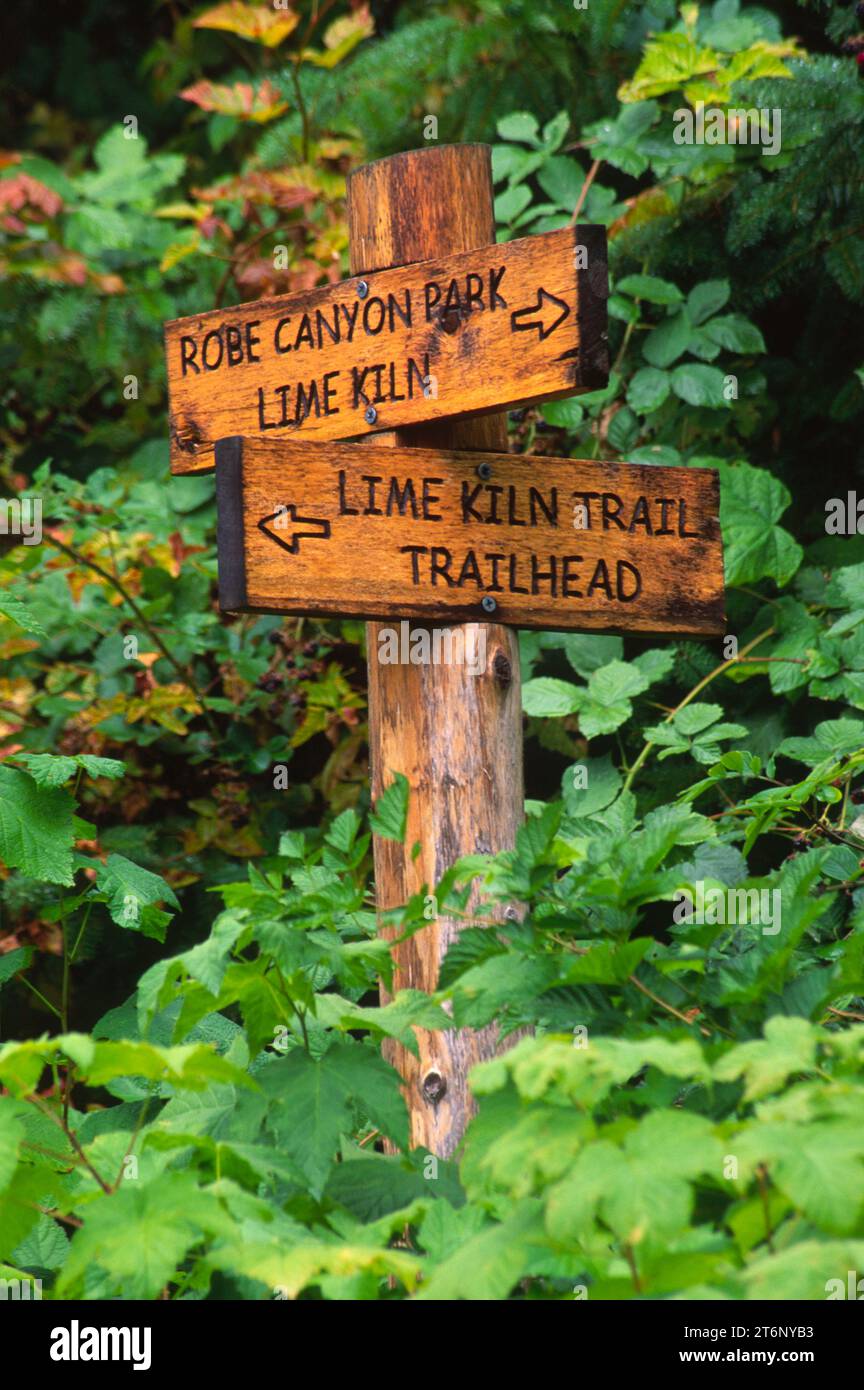 Lime Kiln Trail sign, Robe Canyon County Park, Washington Stock Photo ...
