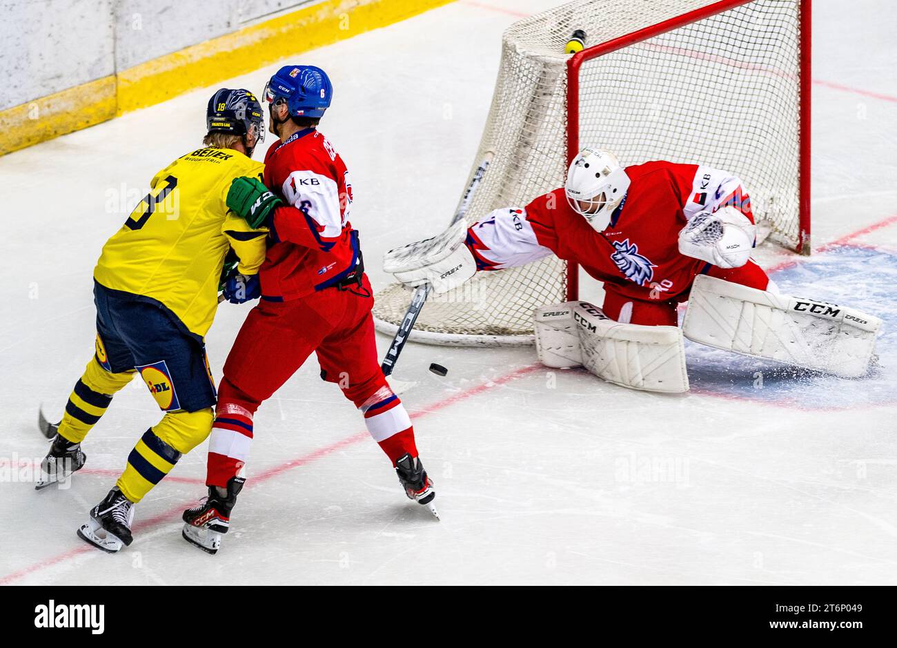 From left Filip Bystedt of Sweden, Czech Ales Cech, Czech goalie ...