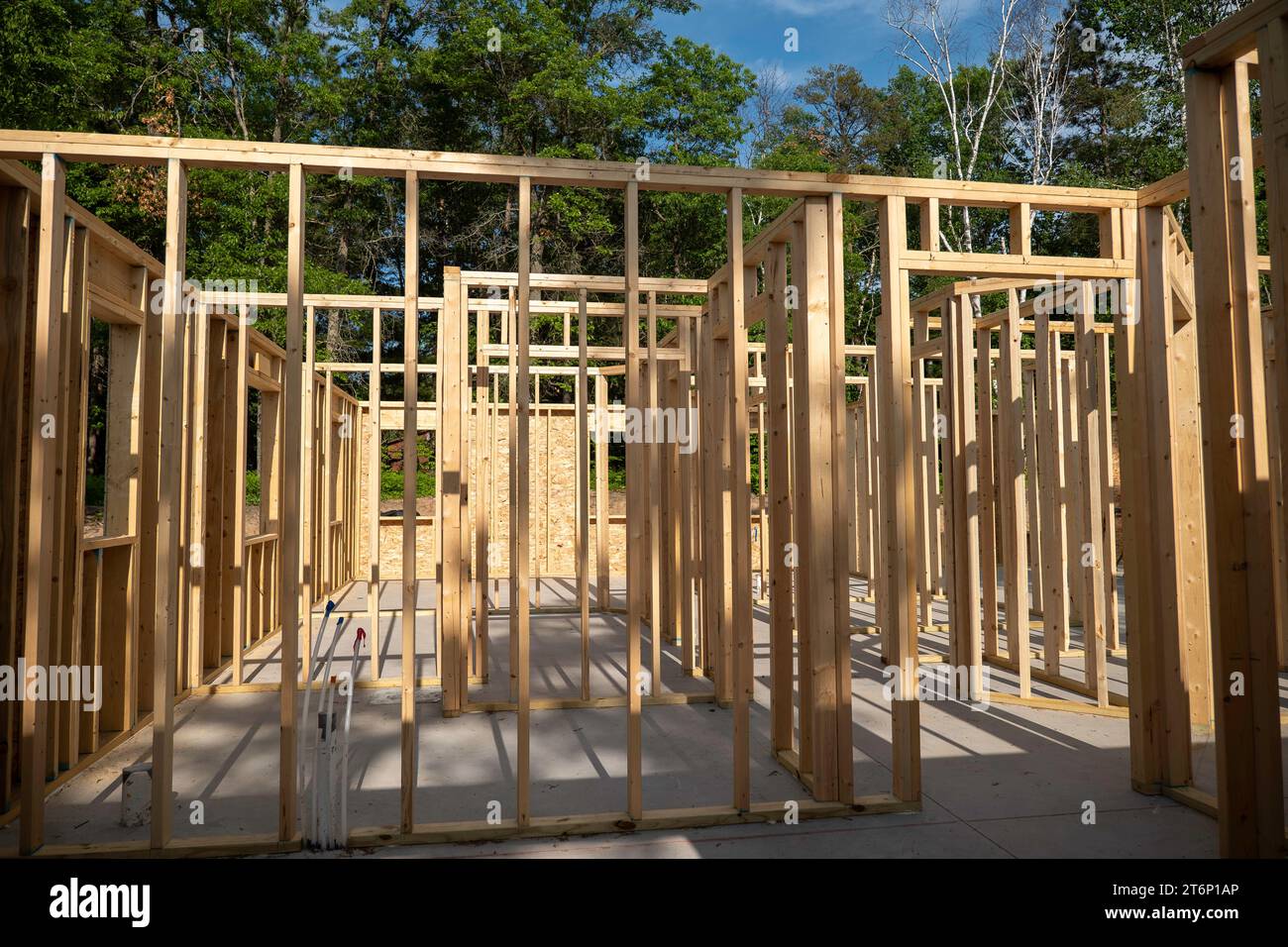 Closeup of wood framing studs of interior walls at new home ...