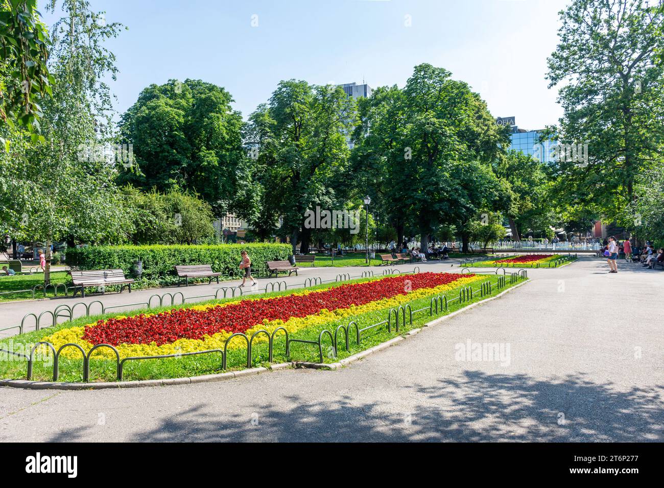 Flower beds and fountain in City Garden, City Centre, Sofia, Republic ...