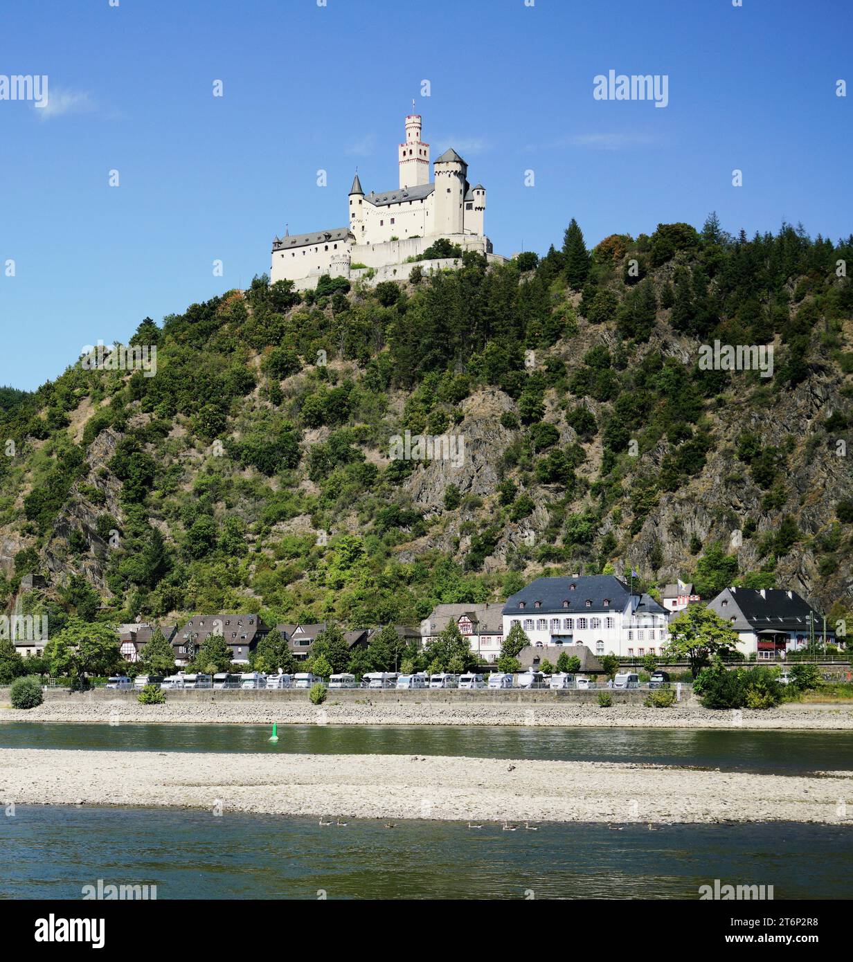 Marksburg Castle high above the town of Braubach in Rhineland ...