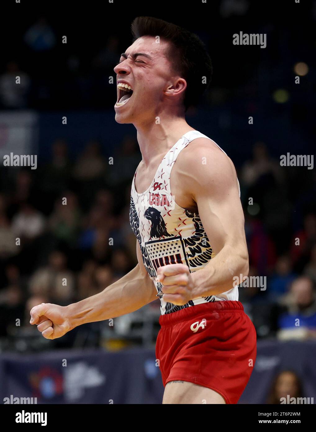USA’s Kaden Brown reacts during the Men’s Tumbling Final during day three of the 2023 FIG ...