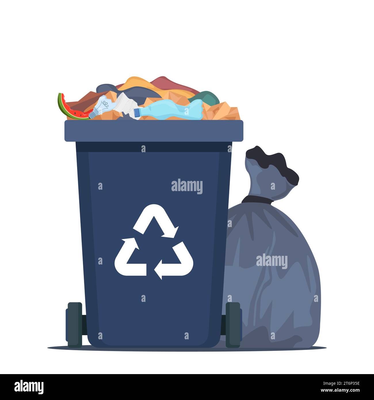 Full Garbage Bin And Black Plastic Trash Bag Around Overflowing