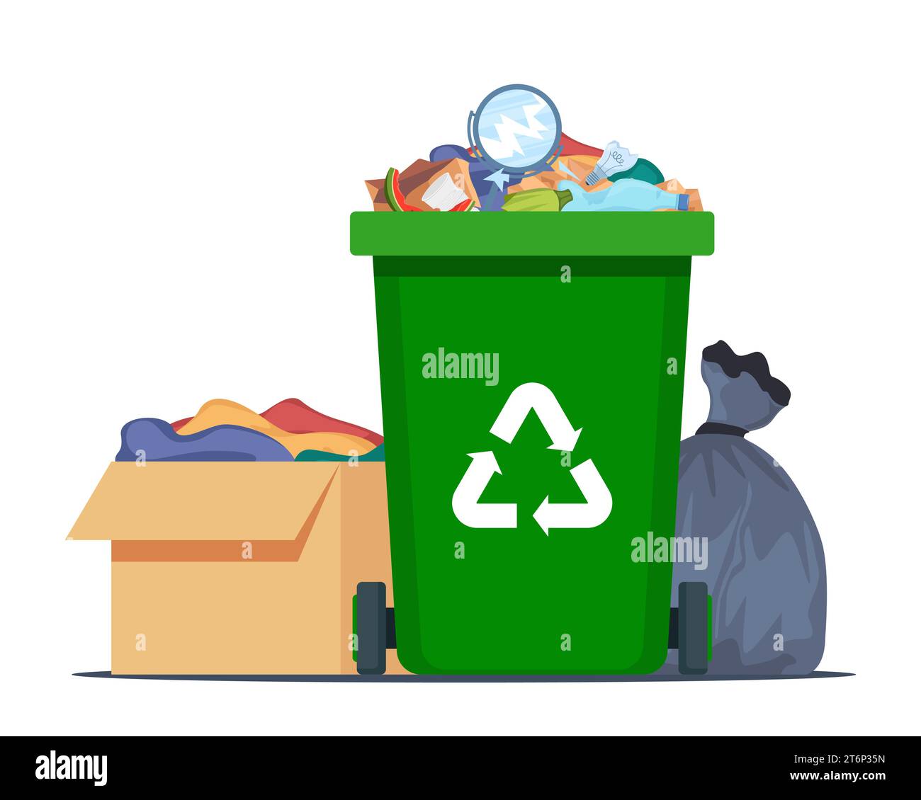 Full garbage bin, black plastic trash bag, paper box with trash ...