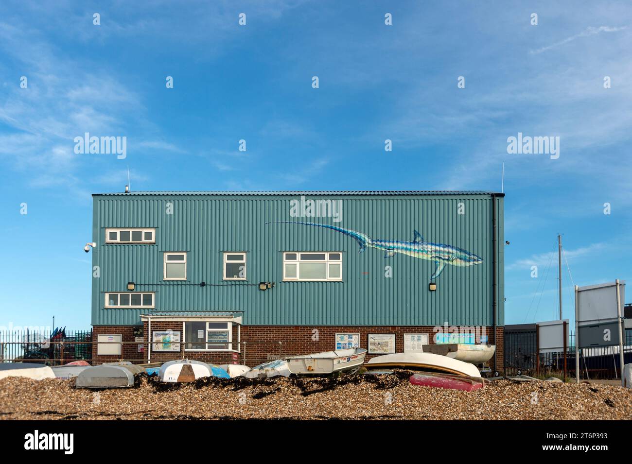 The Langstone Harbour Board office with a shark painted on the side of ...