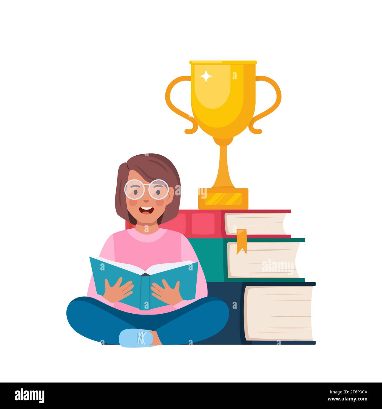 Stack of books with golden cup trophy. Reading, literature ...