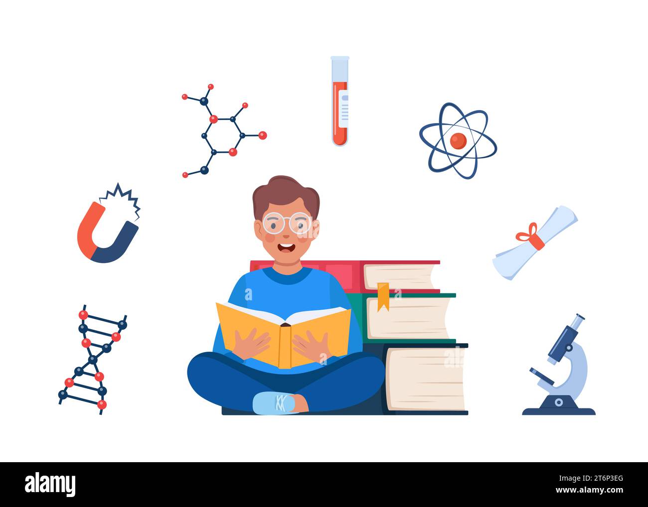 Physical, chemical, biological icons around school kid. Boy kid getting ...