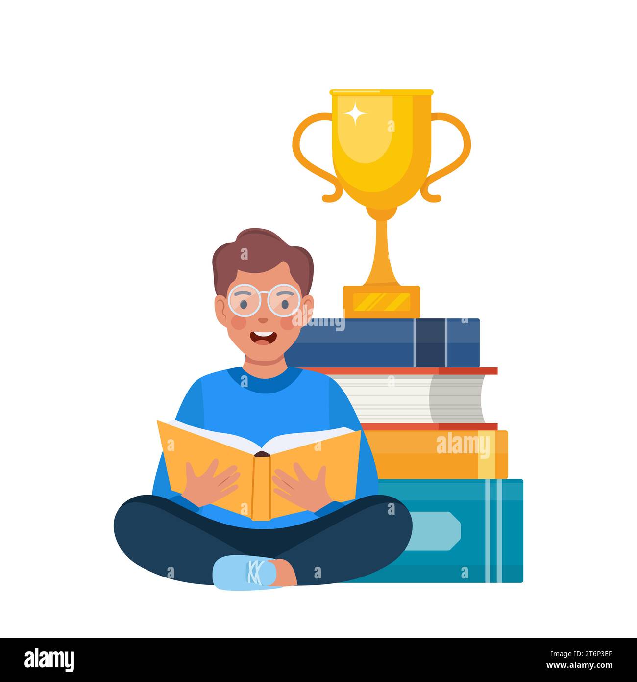 Stack of books with golden cup trophy. Reading, literature ...