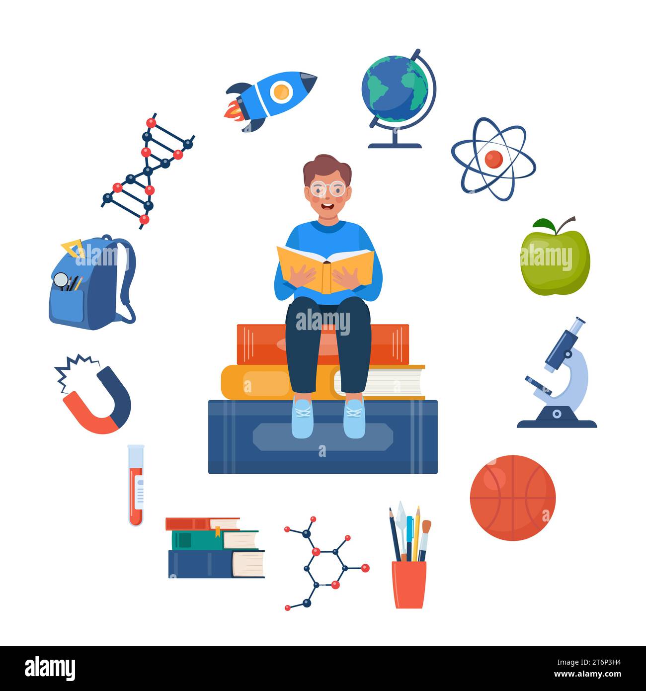 School, science and education icons around school kid. Boy kid getting ...