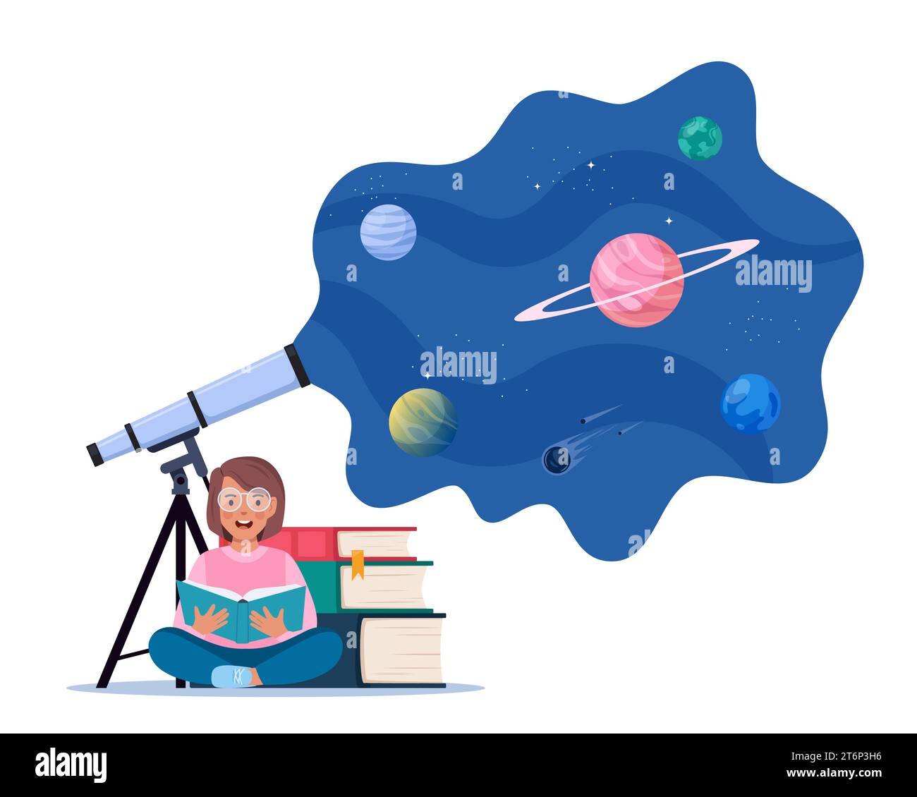 Cute girl reading book about universe, space and planets, sitting near ...