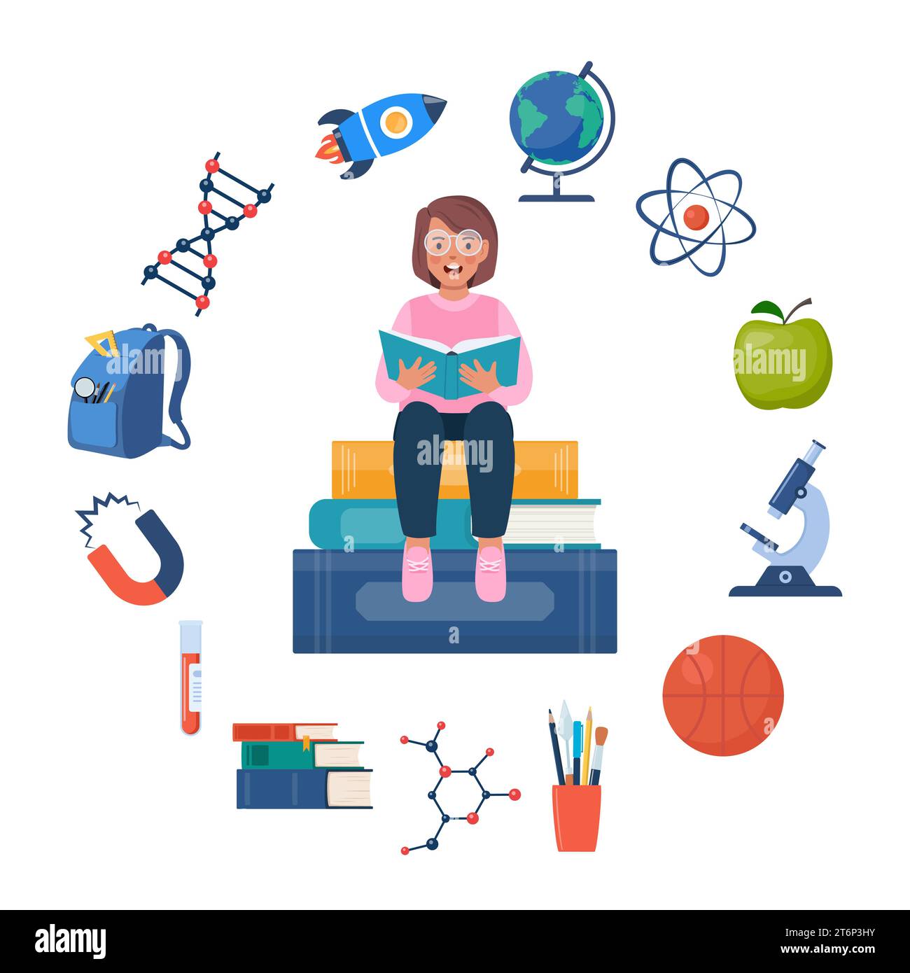 School, science and education icons around school kid. Girl kid getting ...