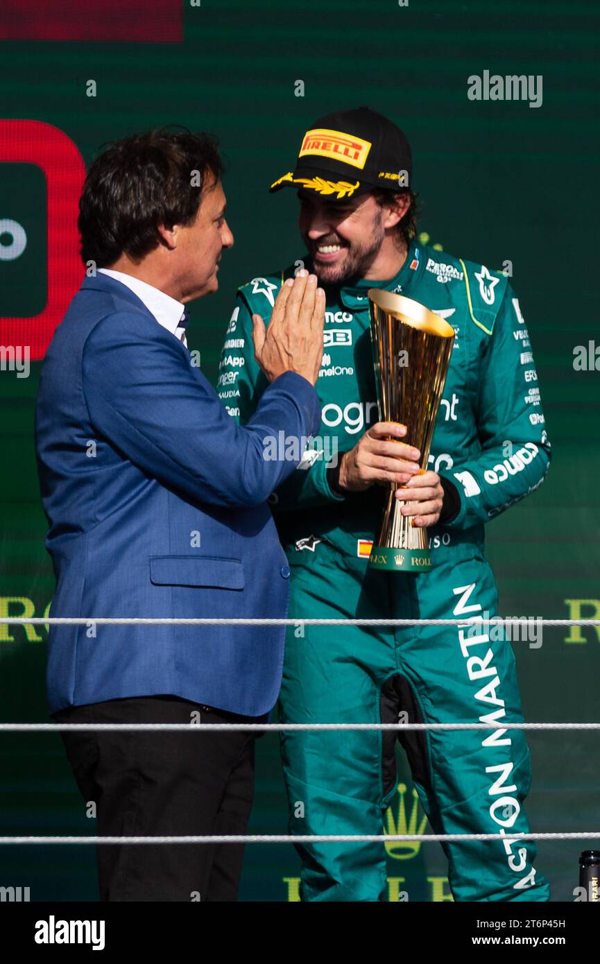FERNANDO ALONSO of ASTON MARTIN celebrates with trophy after second ...