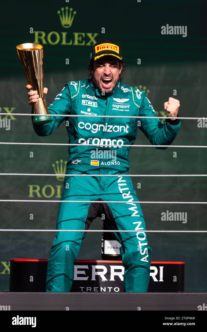 FERNANDO ALONSO of ASTON MARTIN celebrates with trophy after second ...