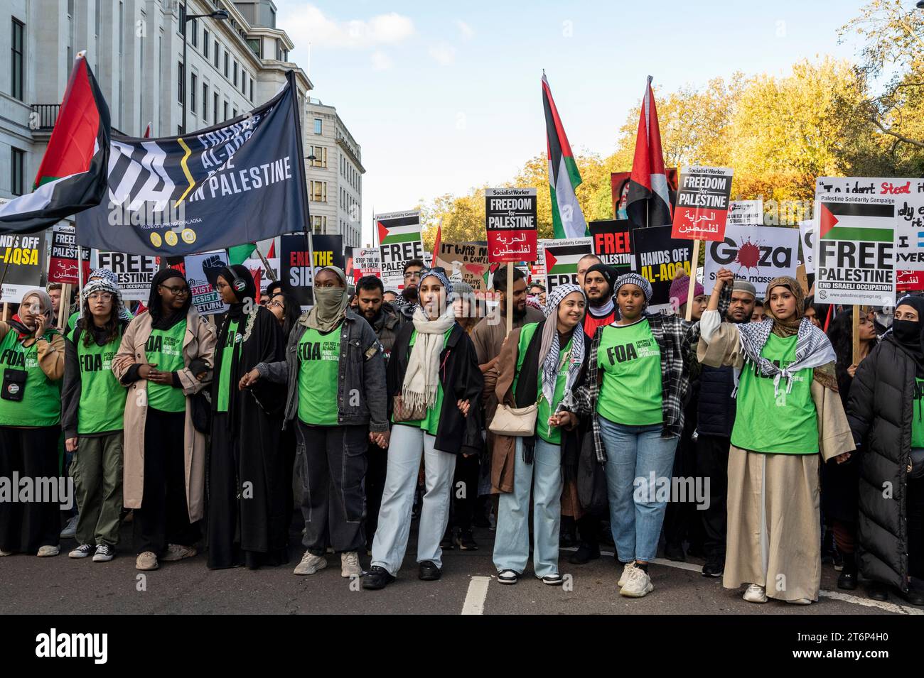 Young women lead a section of the protest against the war on Gaza, with ...