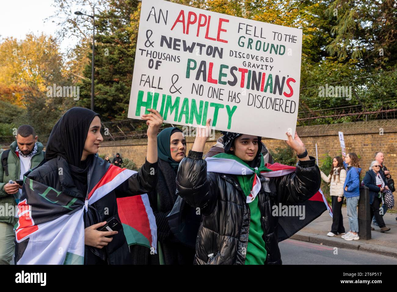 Young women in Palestinian flags with placard " An apple falls and ...